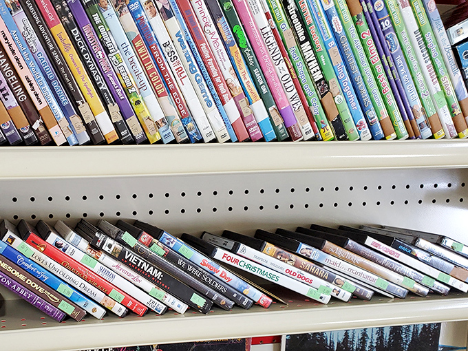 The DVD section&mdash;a physical Netflix from the before-times, where $2 buys you a movie night without subscription fees or wifi requirements.