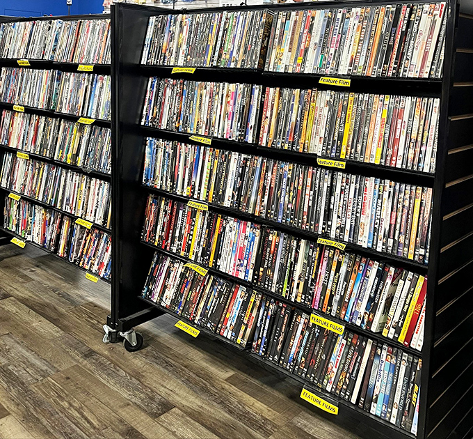 DVD shelves that would make any movie buff weep with joy. Remember when we all thought these would be family heirlooms? Their loss is your entertainment gain.