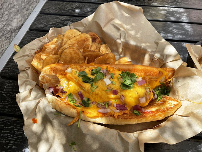 Whoever said "less is more" clearly never encountered this flavor explosion&mdash;cheese, onions, and what appears to be Fritos creating a crunchy, gooey symphony in every bite.