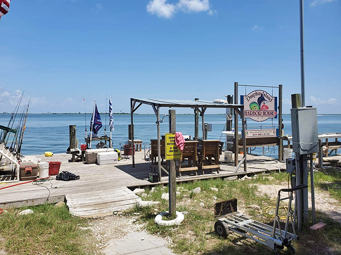"Harbor House" isn't just a name&mdash;it's an invitation. This weathered dock promises fresh catches and fishing tales that grow with each telling.