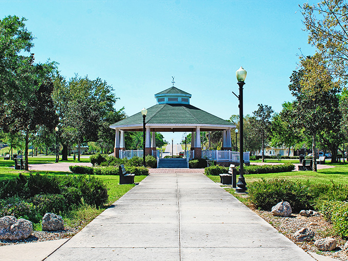 A gazebo straight from small-town America's central casting provides shade and nostalgia in equal measure.