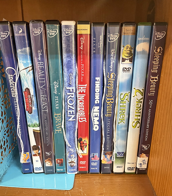 Disney DVDs lined up like a childhood timeline&mdash;from "Cinderella" to "Shrek," charting the evolution of both animation and parenting techniques.