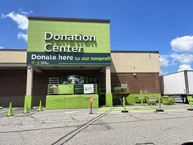 The Donation Center's bright green welcome is the first step in the circle of thrift life &ndash; today's donations become tomorrow's discoveries.