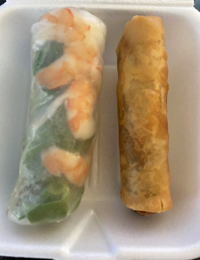 The perfect study in contrasts: a delicate summer roll alongside its crispy spring roll cousin. One refreshes, one indulges—why choose when you can have both?