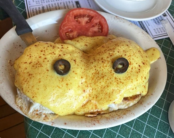 Someone put googly eyes on this omelet, and I'm not mad about it. When your breakfast stares back with olive eyes, you know you're somewhere special.