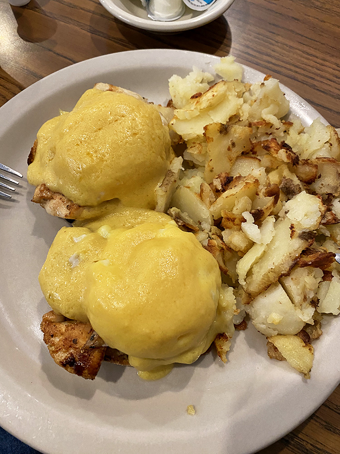 Eggs Benedict that puts the "art" in "heart attack"&mdash;two golden domes of hollandaise perfection alongside home fries that demand to be devoured.