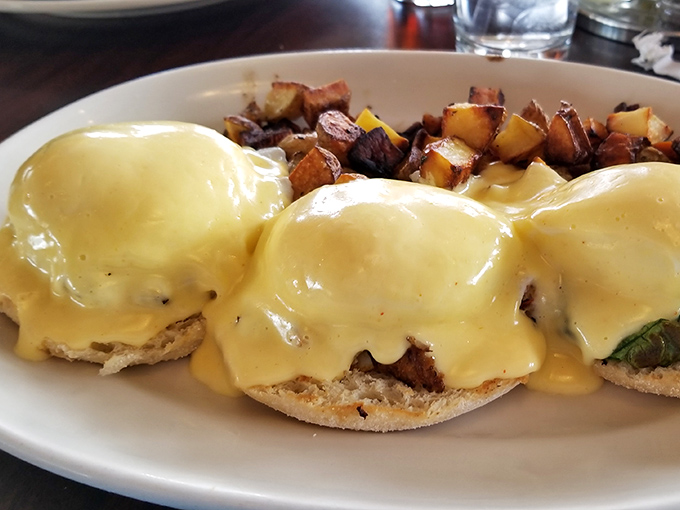 Eggs Benedict executed with textbook perfection. Those golden hollandaise cascades should have their own Instagram account.