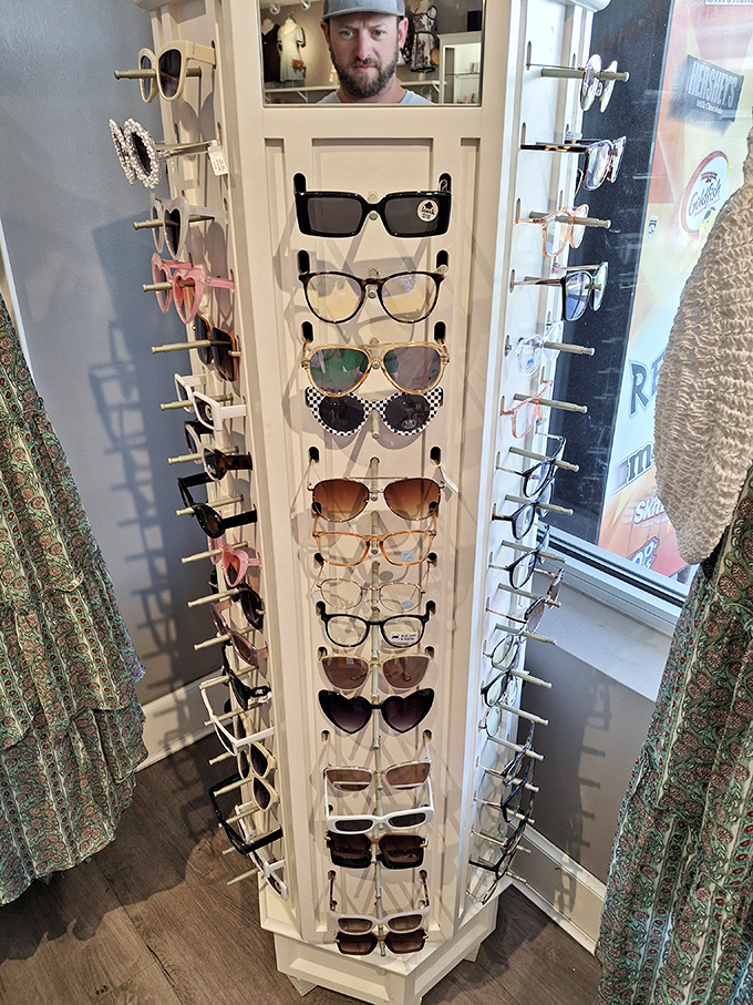 Spectacle spectacular! This rotating display of eyewear offers styles ranging from "serious intellectual" to "just here for the poolside drama."