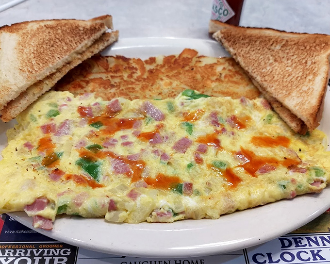This isn't just an omelet; it's a colorful canvas of morning possibilities. The toast stands at attention, ready for its supporting role.