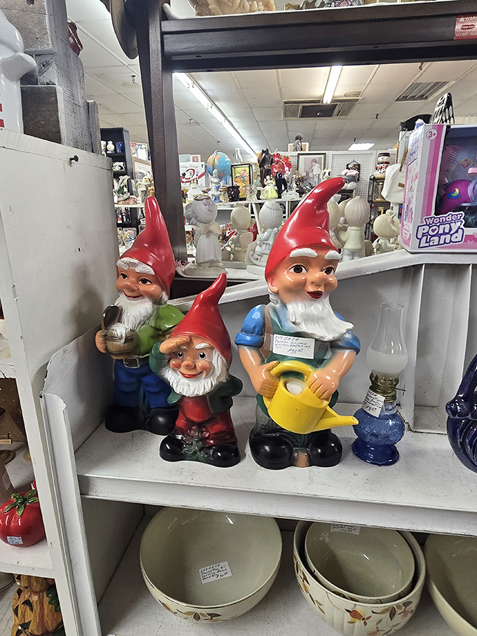 Garden gnomes standing at attention, their red hats like beacons in a sea of knick-knacks. These cheerful sentinels guard collections of vintage ceramics. 