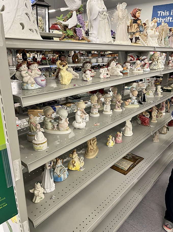 Porcelain figurines stand in silent formation, like tiny sentinels guarding memories of grandma's curio cabinet.