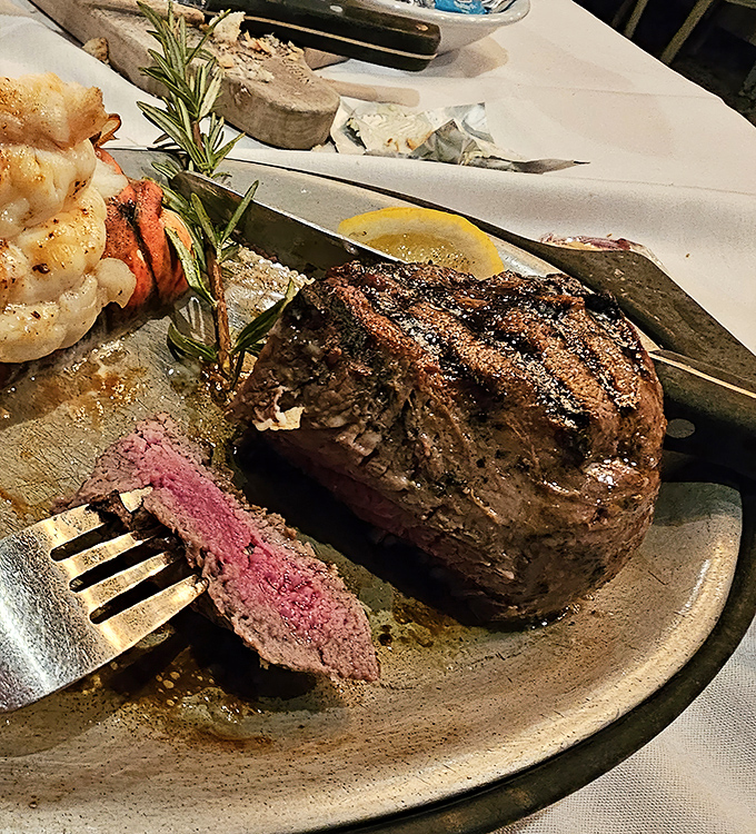 This filet mignon with its beautiful grill marks is the reason vegetarians occasionally have second thoughts. Paired with shrimp, it's surf and turf perfection.