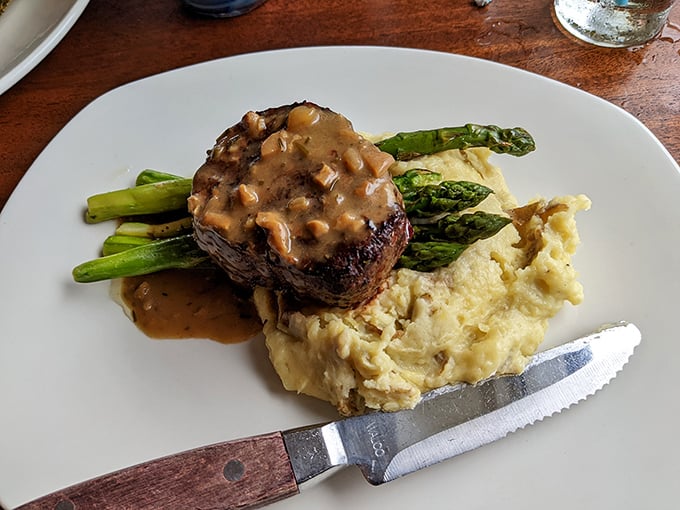 Surf's great, but don't sleep on the turf. This filet mignon with mushroom sauce could make a lobster jealous of your attention.