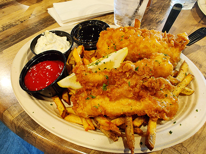 Golden-battered fish and chips with three dipping sauces&mdash;because sometimes decisions are hard and deliciousness shouldn't be limited to just one condiment.