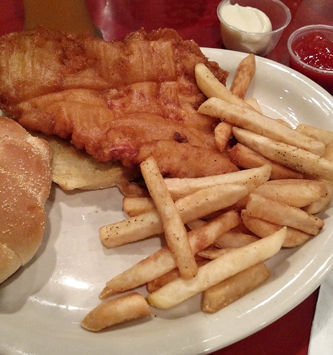 Fish and chips that would make a British pub-goer weep with joy &ndash; crispy exterior giving way to flaky white fish underneath.