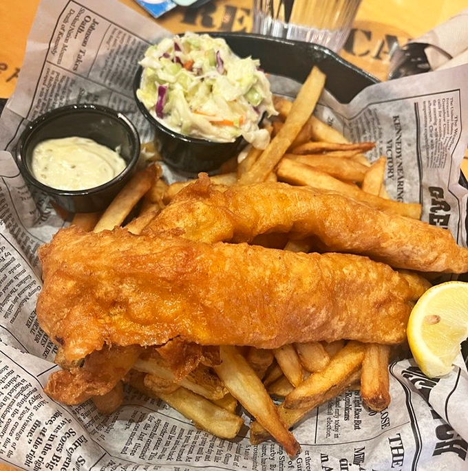 Fish and chips that would make a British pub jealous, with a crispy golden exterior giving way to flaky white perfection.
