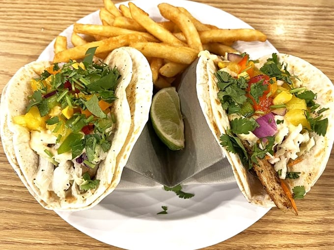 Fish tacos that make you question every other taco you've ever eaten. The mango salsa adds that tropical mic drop.