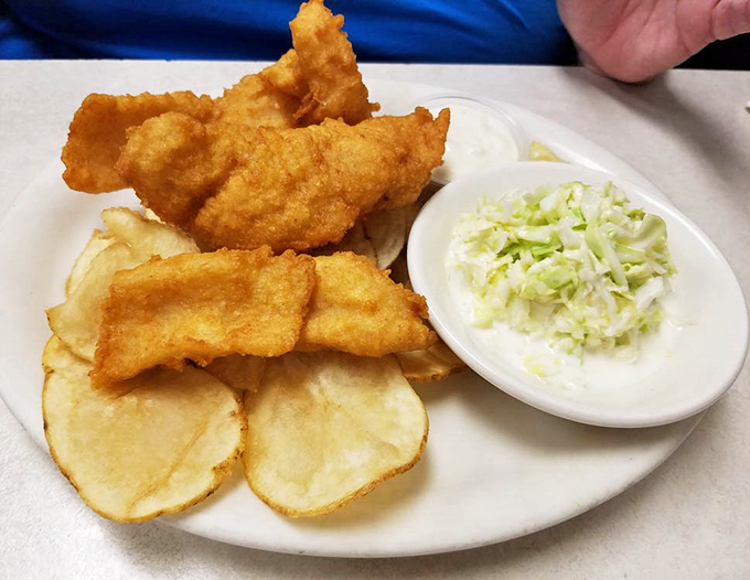 Golden-battered fish that crunches like autumn leaves, served with house-made coleslaw that cuts through the richness with perfect tang.