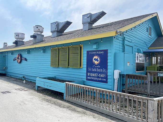 Fishy Fishy Caf&eacute;'s vibrant blue exterior is like a siren call to seafood lovers. When a restaurant puts its name on the roof, the food better live up to the billboard!