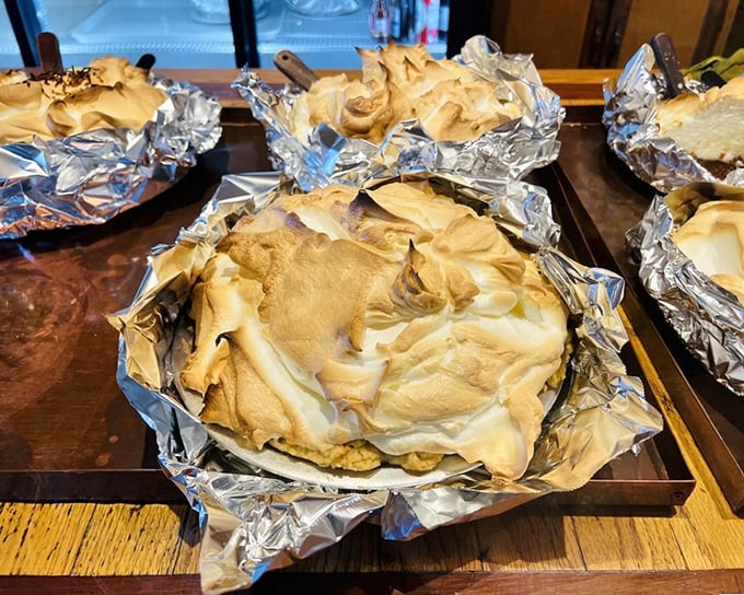 The pie lineup looks like a dessert version of Mount Rushmore. Each meringue peak stands tall and proud, daring you to resist its siren call.