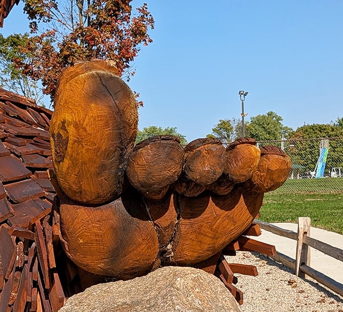 Those aren't just big feet&mdash;they're masterpieces of woodcarving. Each toe is carefully sculpted from solid logs, anchoring this gentle giant to his Ohio home.