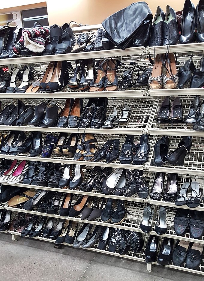 Footwear from sensible to spectacular lines the shelves, each pair with tales of nights out they'll never tell.