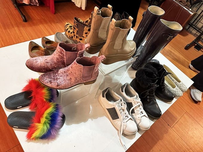 From rainbow fuzzy slides to vintage Chelsea boots, the footwear display offers a Cinderella moment for every style personality.