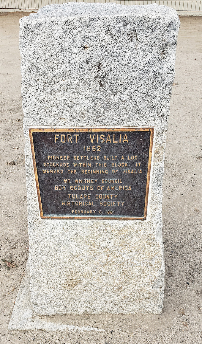 This historical marker commemorates Fort Visalia (1852), where pioneer settlers built foundations for what would become a thriving community.