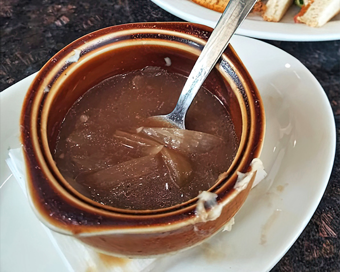 French onion soup that's worth the inevitable string of cheese stretching from bowl to chin&mdash;a small price for such savory satisfaction.