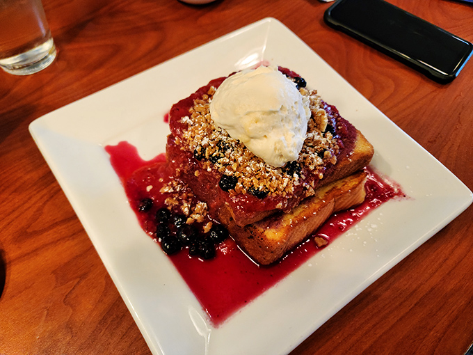French toast that's dressed for success in berry coulis and streusel crumble&mdash;breakfast masquerading as dessert, and nobody's complaining. 