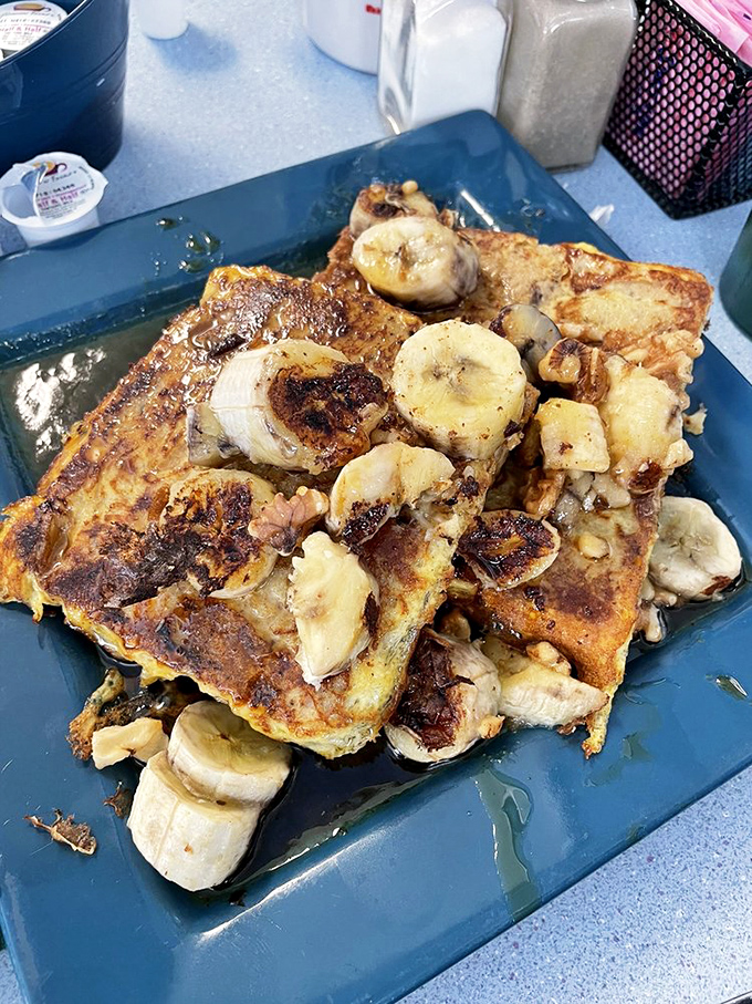 Banana French toast that makes you question why anyone would eat cereal. The caramelization on those bananas should win some kind of state fair ribbon.