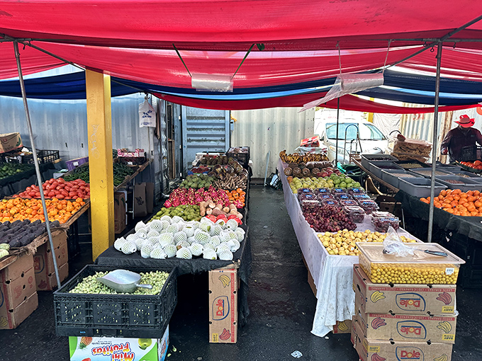 Nature's candy store! This produce stand offers a rainbow of fruits and vegetables that would make any farmers market proud.