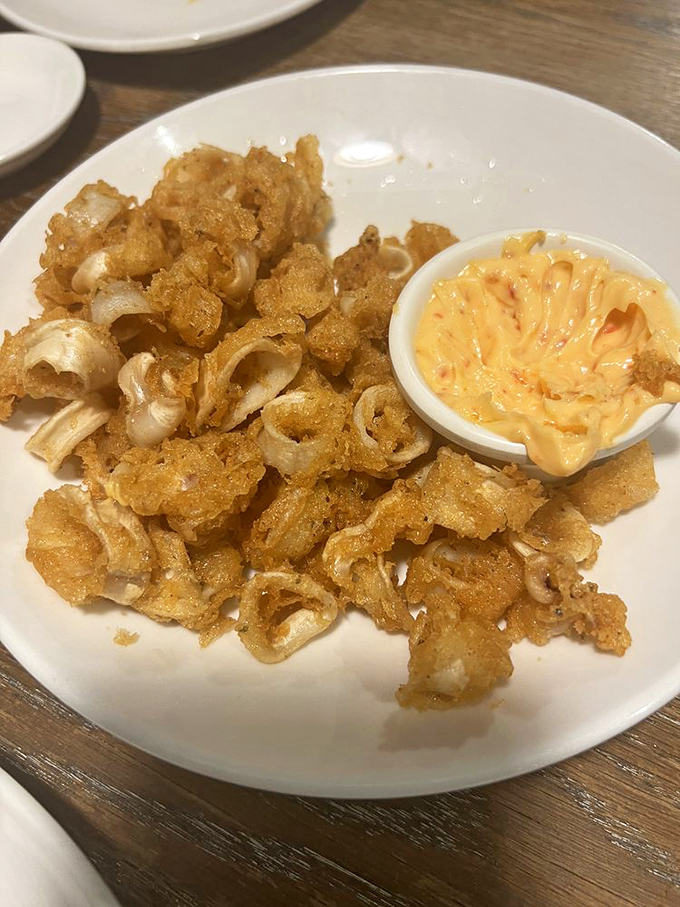 Fried calamari that actually tastes like calamari, not just "generic fried thing" &ndash; with spicy mayo that kicks without overwhelming.