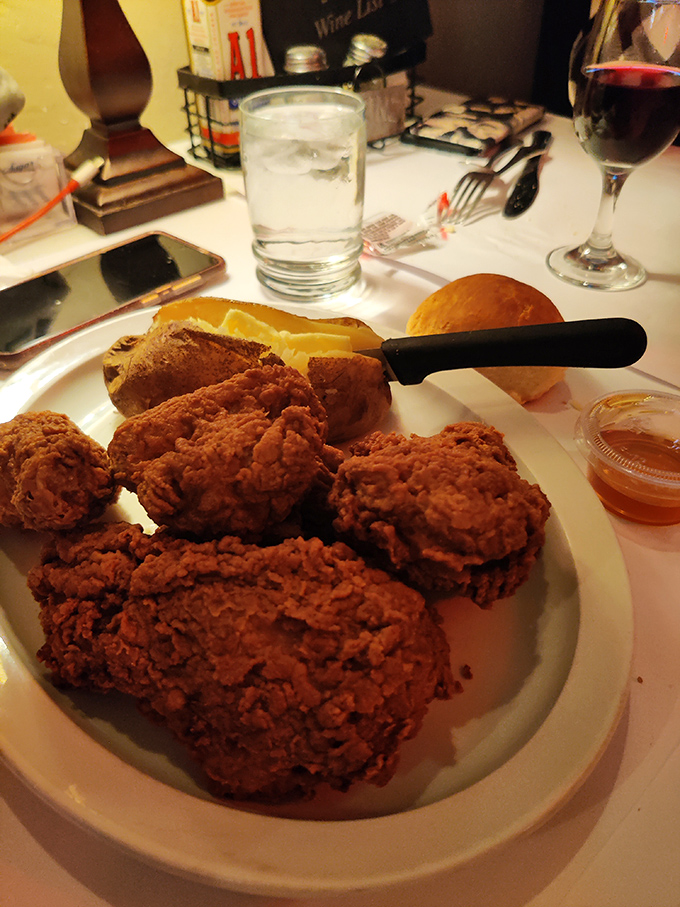 Southern fried chicken that would make your grandmother both proud and jealous. Crispy on the outside, juicy on the inside &ndash; nature's perfect design.