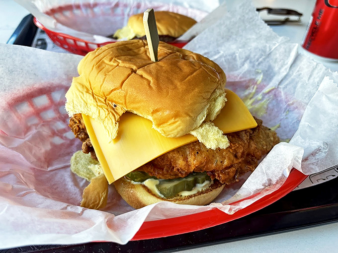 The fried chicken sandwich arrives like a golden trophy on a soft bun, with cheese and pickles playing the perfect supporting roles.