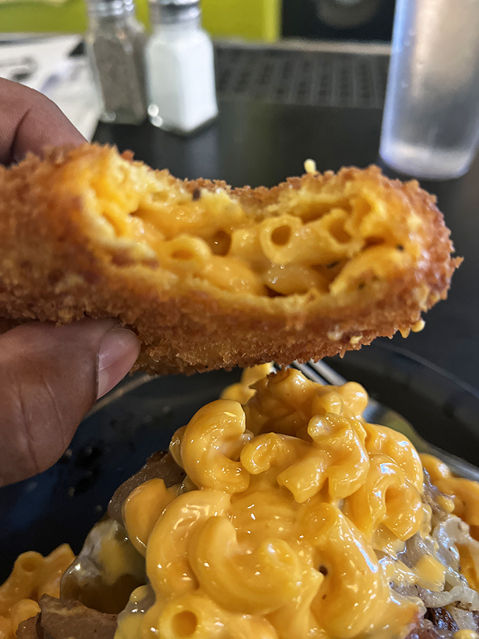 Behold: the legendary mac and cheese patty in cross-section. Science has gone too far, and we're all better for it.