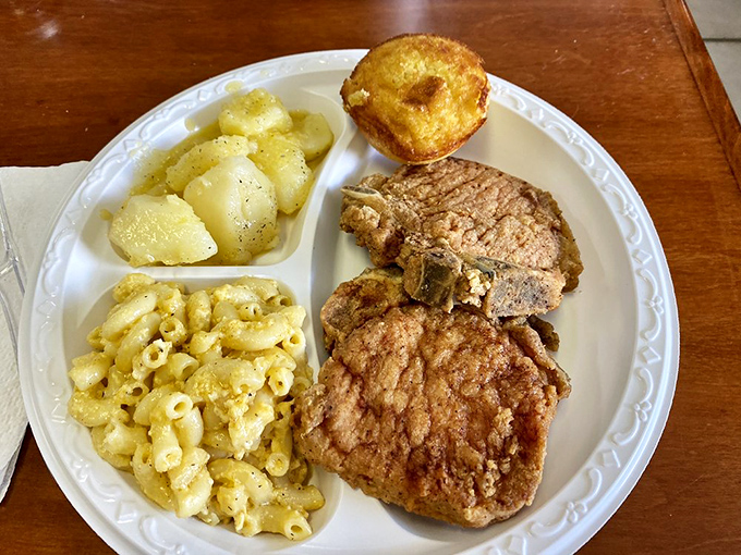 Pork chops fried to such perfection they deserve their own hall of fame. Those potato wedges aren't just sides&mdash;they're co-stars.