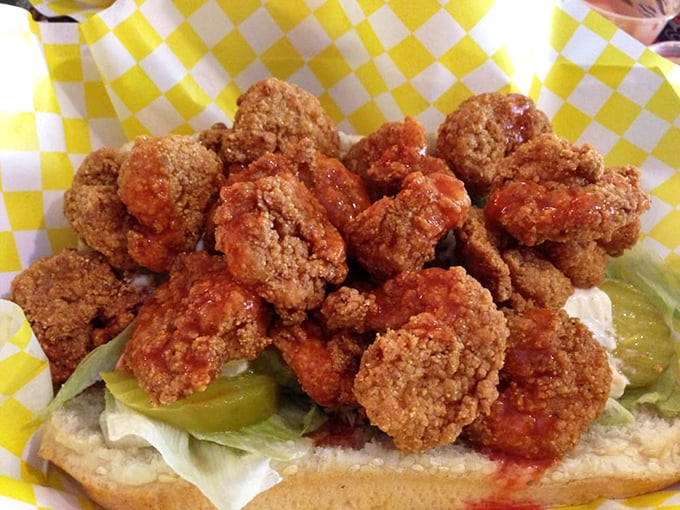 Buffalo-style fried shrimp that brings the heat and the sweet. Perched on fresh lettuce, these crunchy crustaceans are ready for their close-up.