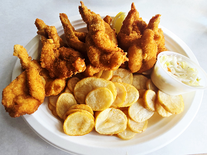 Perfectly golden fried shrimp that would make Neptune himself swim to shore. The crispy coating practically audibly crackles through the photo.
