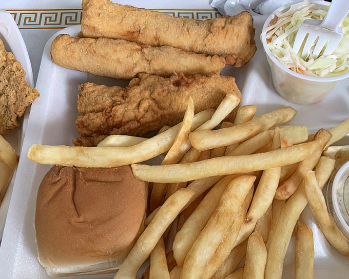 Crispy fish fillets that would make Poseidon himself swim upstream, accompanied by fries that achieve that mythical crisp-outside, fluffy-inside perfection.