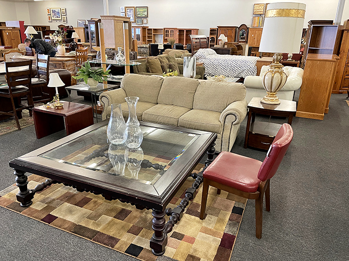 Sofas and coffee tables arranged like they're hosting their own dinner party, just waiting for new guests.