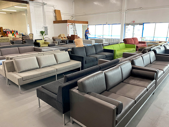 The furniture section resembles a modern art gallery of comfort&mdash;sleek sofas in every neutral tone imaginable, ready for their second act.