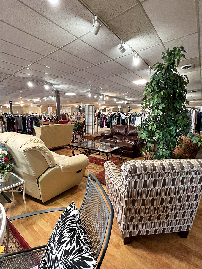 The furniture section creates cozy vignettes that whisper "imagine me in your living room." That leather sofa has stories to tell.