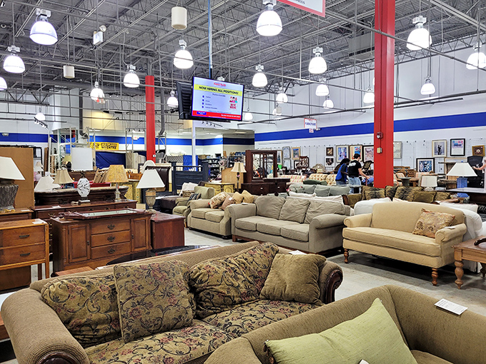 Sofa kingdom! The furniture section offers everything from practical beige to "what was the '90s thinking?" patterns that somehow look appealing again.