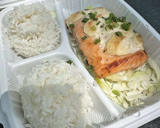 This garlic salmon plate doesn't just satisfy hunger &ndash; it creates memories. Two scoops rice, perfectly cooked fish, and a bed of cabbage that's actually worth eating.
