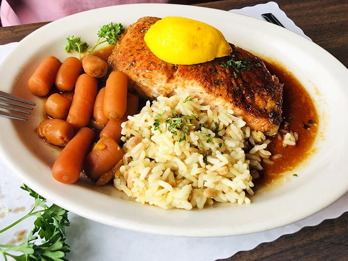 This salmon dish proves that seafood in landlocked Ohio can surprise you, like finding out your quiet neighbor used to tour with Aerosmith.This salmon dish proves that seafood in landlocked Ohio can surprise you, like finding out your quiet neighbor used to tour with Aerosmith.