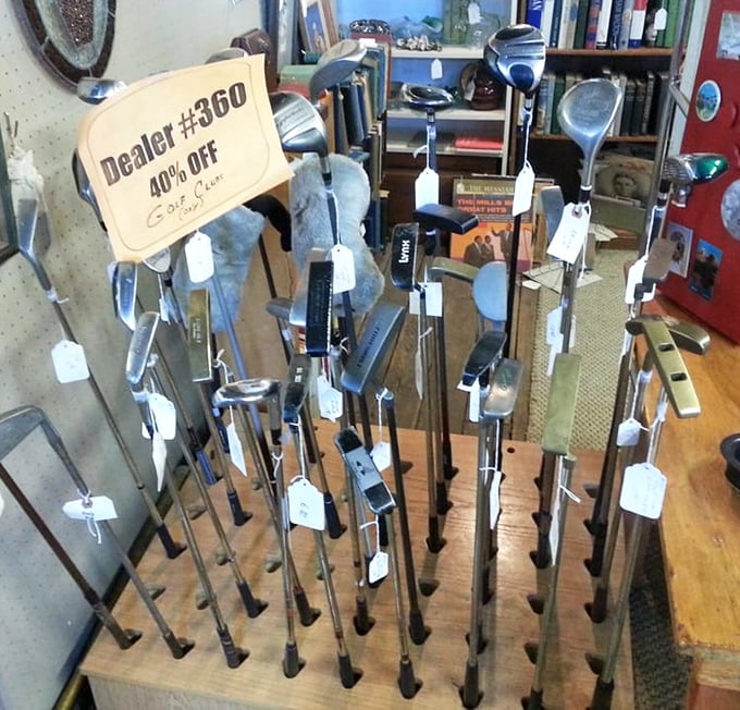 Golf clubs from another era stand at attention, ready for their next round. Even non-golfers can appreciate these gleaming pieces of sporting history.