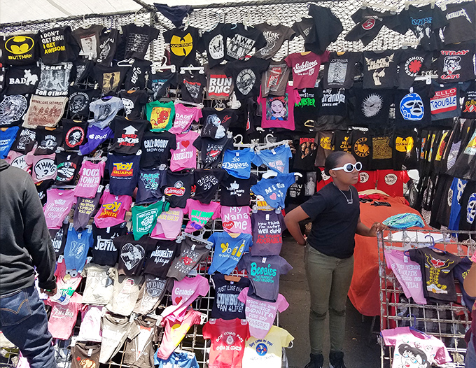 Band shirt heaven! From Wu-Tang to Metallica, this wall of graphic tees serves as both concert memorabilia and a timeline of musical history.