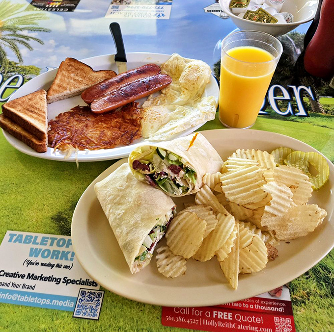 Breakfast and lunch collide in perfect harmony – crispy hash browns, savory sausage, and a wrap that's ready for its close-up, all on cheerful placemats.