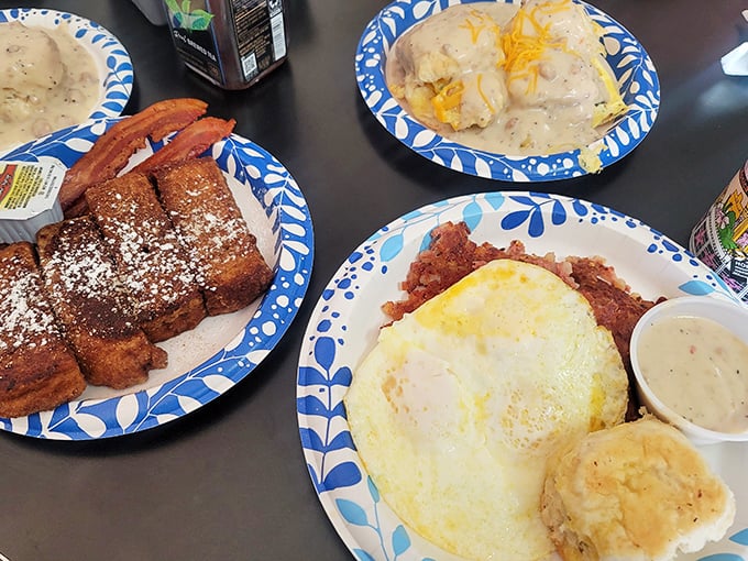 A breakfast spread that would make your grandmother proud. French toast dusted with powdered sugar, savory eggs, and biscuits smothered in gravy&mdash;the holy trinity of morning indulgence.